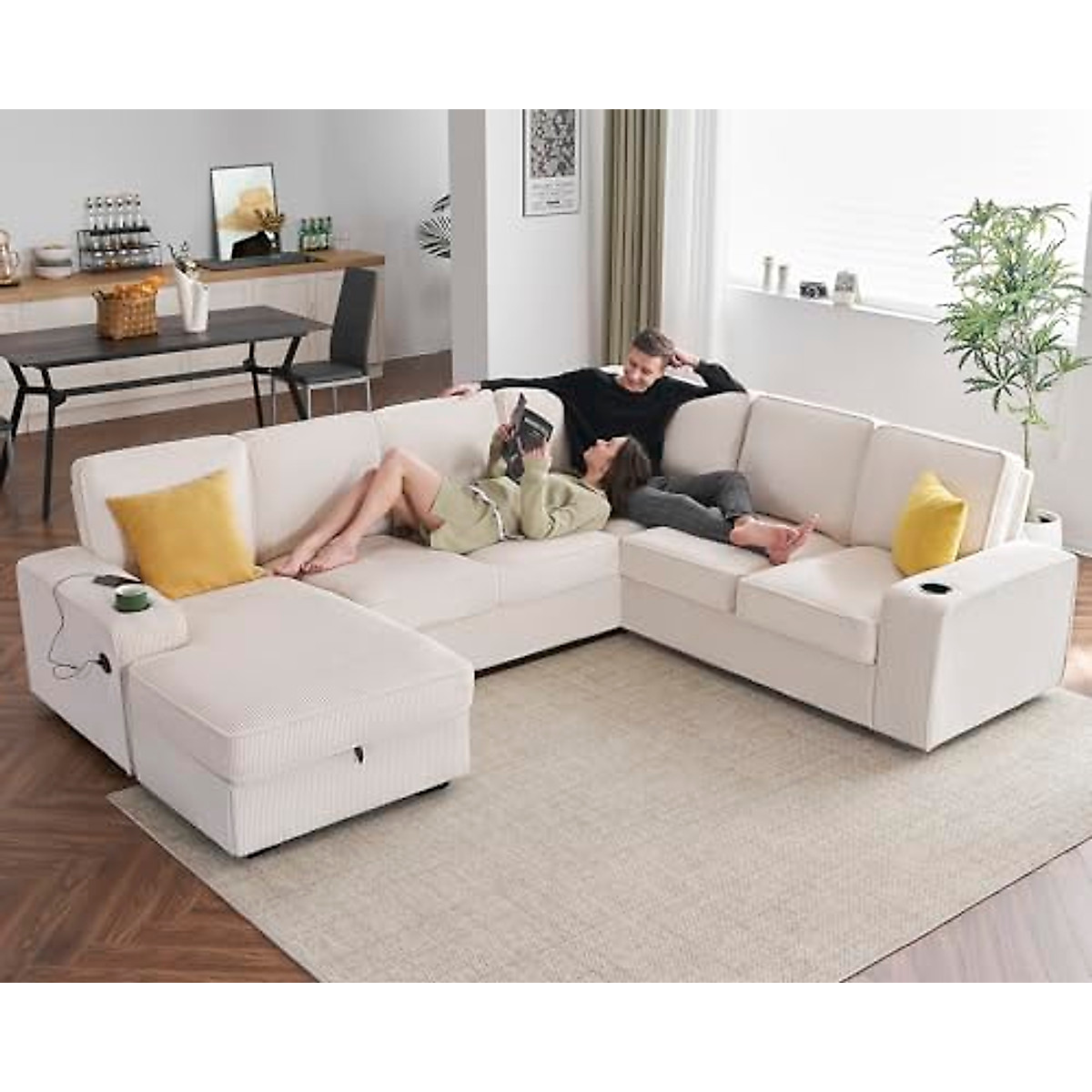 PaPaJet U Shaped Sofa, 7 Seater Sofa with USB Ports, Sectional Sofa Couch with Storage Chaise, Corduroy Beige