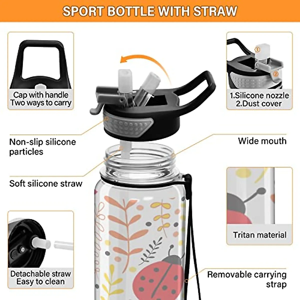 xigua Ladybug Water Bottle with Straw Lid,32 oz Leakproof Sport Water Bottle with Wide Handle for Gym,Cycling,School,Travel