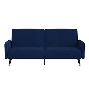 Flash Furniture Sophia Premium Split Back Sofa Futon - Navy Velvet Upholstery - Solid Wood Legs - Convertible Sleeper Couch for Small Spaces