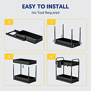 KPHALTH Under Sink Organizer Adjustable Height Under Sink Organizers and Storage 2-Tier Under Cabinet Storage Bathroom Organizer Sliding Drawer with Hooks Hanging Cup Kitchen Storage (Black-1 Pack)