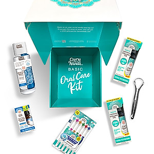 GuruNanda Basic Better Gums Regimen, 2 CocoMint Pulling Oil, Tongue Scraper, Butter on Gums Toothbrush (6 Count), Concentrated & Dual Barrel Mouthwash