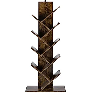 Shintenchi 9 Tier Tree Bookshelf, Bookcase Wooden Shelves, Display Floor Book Shelf Space Saver for Living Room, Home Office, Bedroom, Rustic Brown