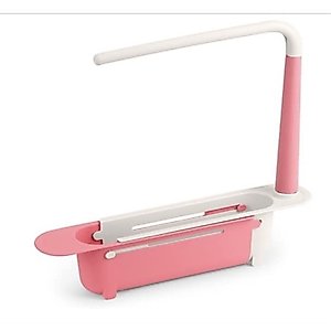 Adjustable Telescopic Sink Storage Organizer Rack Sponge Soap Drain Basket Expandable Organizer for Home Kitchen with Dish Cloth Hanger (Pink)
