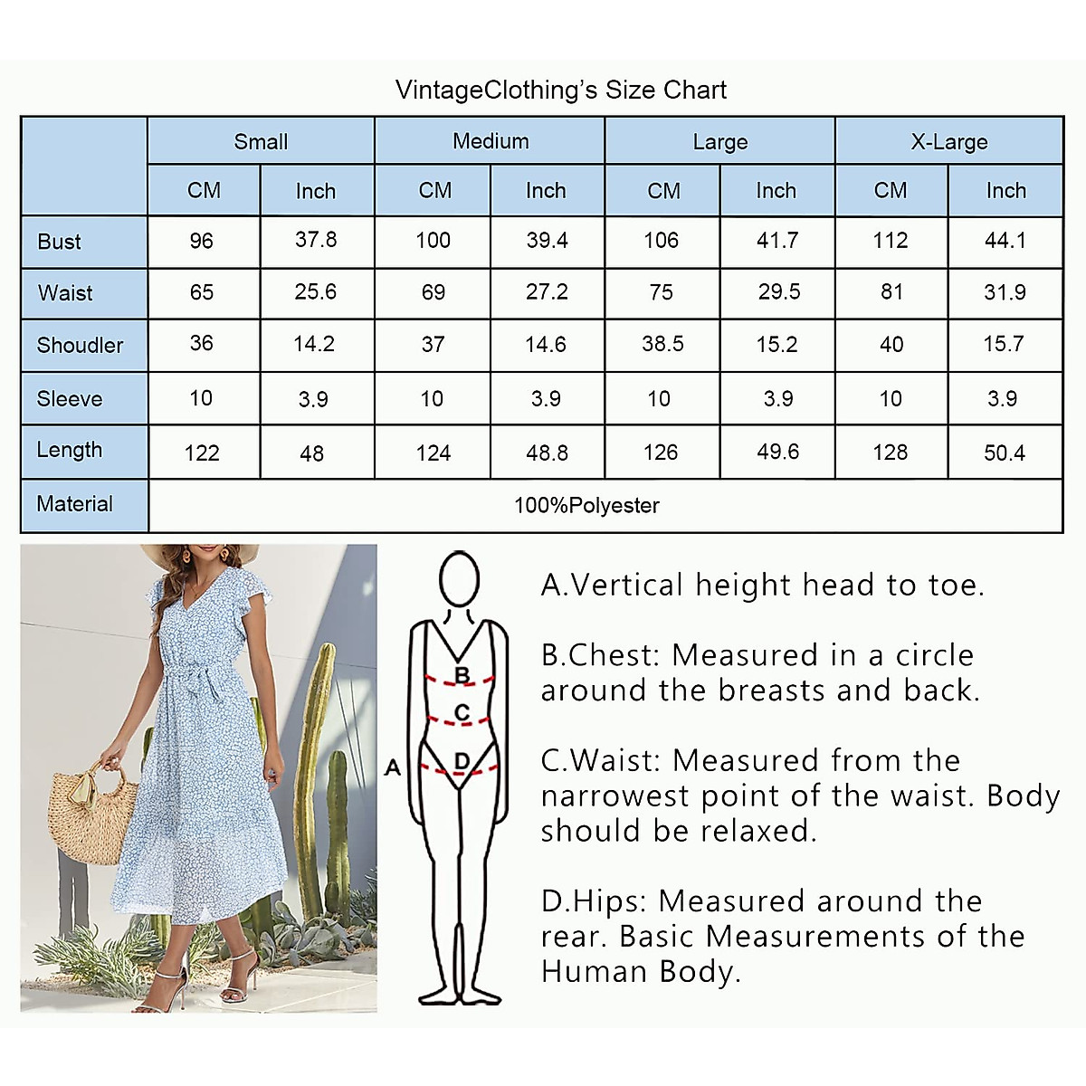 VintageClothing Womens Sundress Casual Floral Summer Boho Dress Flowy Wrap V Neck Ruffle A-Line Pleated Hem Midi Dresses, Floral Light Blue, S