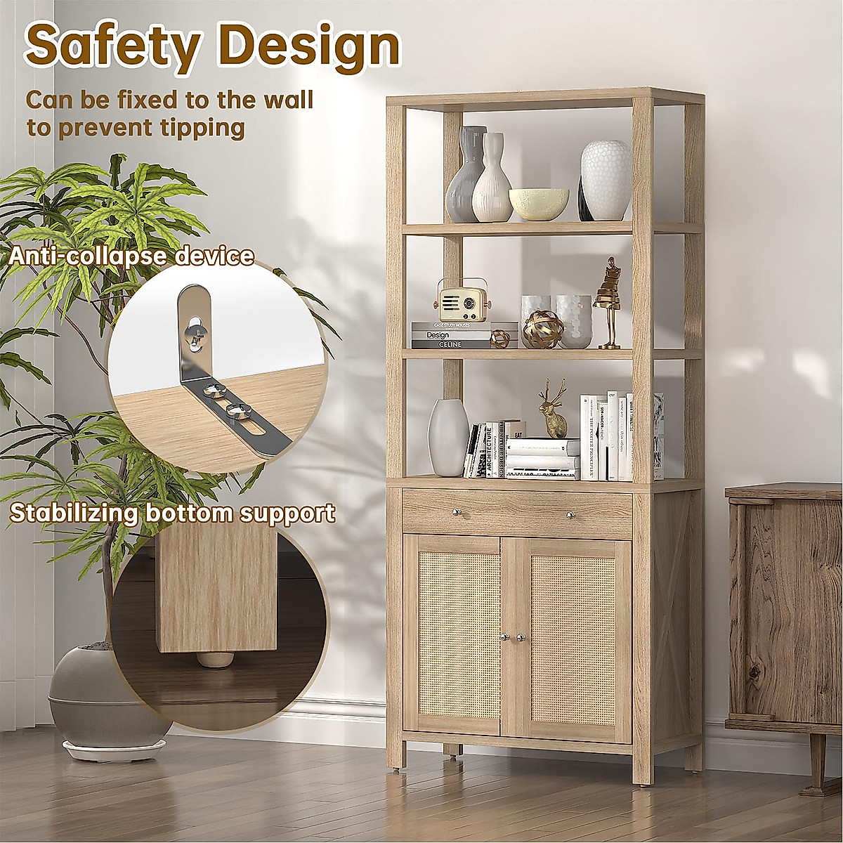 MECHYIN Bookshelf, Bookcase Rattan Boho, Tall 5 Tier Bookshelf Storage Cabinet with Doors and Shelves for Living Room, Bedroom, Kitchen& Library (2 Pieces)