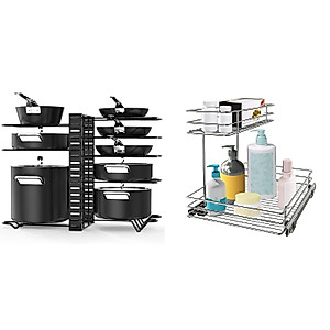 Pot Rack Organizers & Pull Out Cabinet Organizer, Adjustable Pots and Pans Organizer with 3 DIY Methods for Kitchen Organization, 12.6W x 16.53D x 12.99H Under Sink Slide Out Storage Shelf(2 Pack)