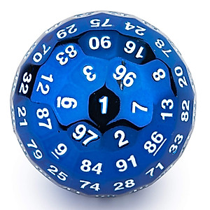 Single 100 Sided Polyhedral Metal Zinc Alloy Dice D100 dice Dungeon, Solid Blue Color with White Numbering (50mm)