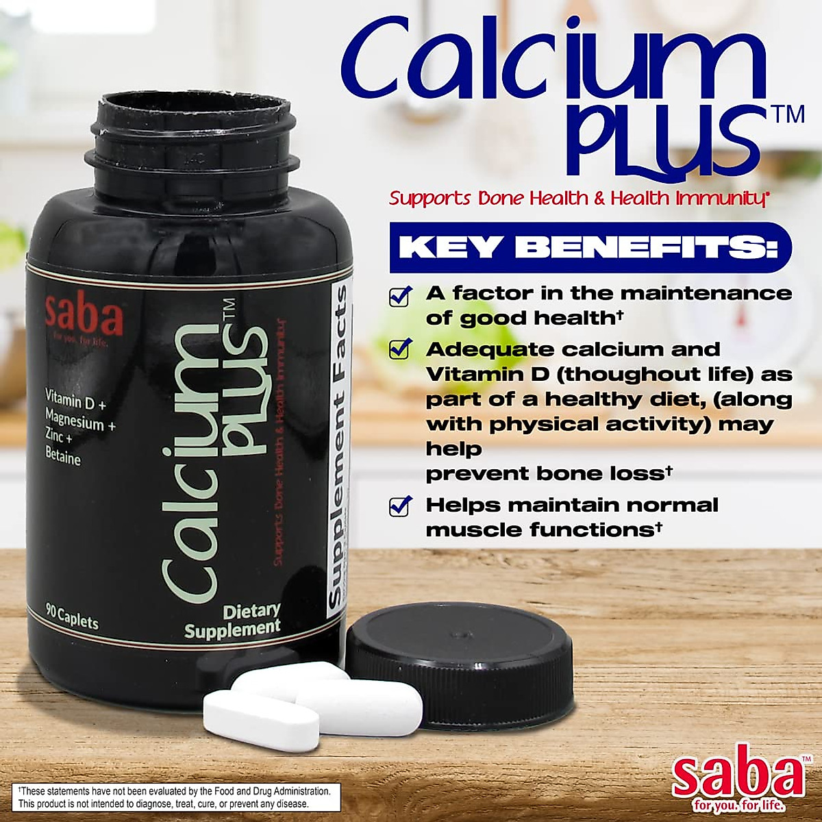 Saba Calcium Plus - Bone Strength - Calcium, Magnesium, Potassium, Vitamin D, Zinc, Betaine - GMO, Soy, Gluten Free Ingredients - Whole Food Supplement for Bone Health, Immune - 90 Caplets