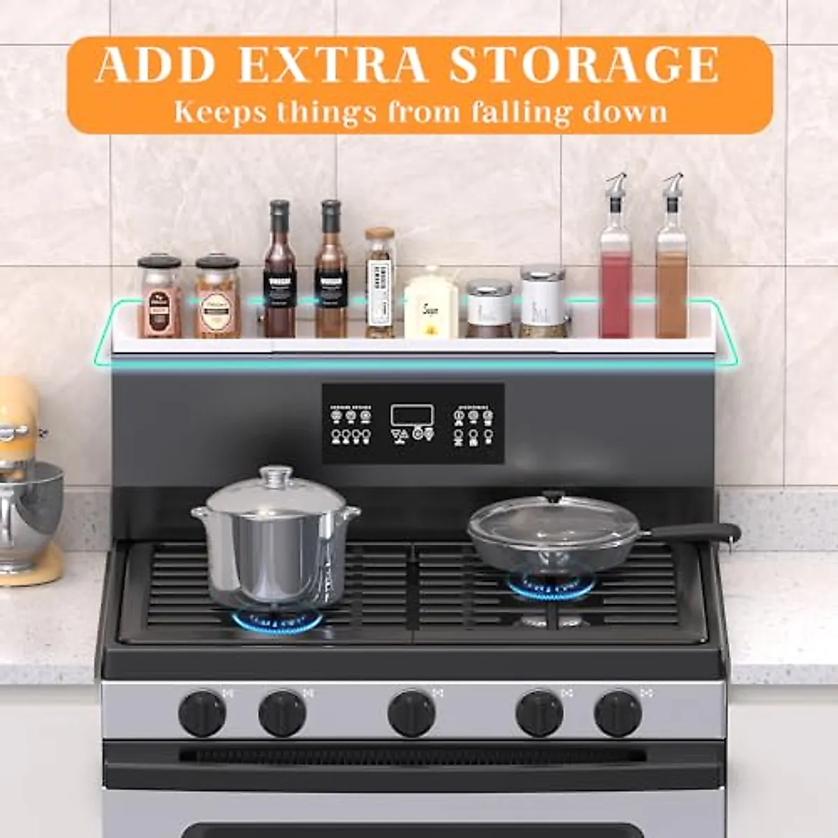 JANSNIMEN Magnetic Stove Top Shelf Spice Rack, 15"-30" Adjustable Stove Shelf for Back of Stove, Seasoning Organizer Kitchen Shelves Gadgets with 3 Functional Partitions