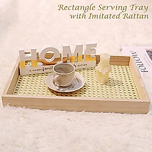 15 x 10 in Rectangle Decorative Tray with Imitated Rattan Handmade, Ottoman Tray, Boho Serving Tray, Basket Serving Tray with Wooden Frame for Coffee, Breakfast, Food, Drink
