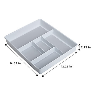 Smart Design 5-Compartment Plastic Drawer Organizer - Set of 2 - Non-Slip Lining and Feet - BPA Free - Utensils, Flatware, Office, Personal Care, or Makeup Storage - White with Gray