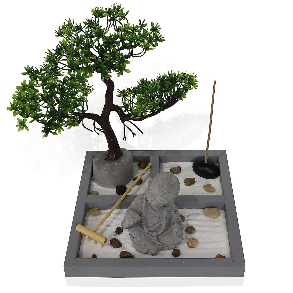 Gray Mini Japanese Zen Sand Garden Set with Incense Holder, Calming Bonsai and Miniature Buddha Statue - Zen Decor for Relaxation and Meditation - Home Decor, Office Accessory, Gift Set