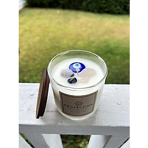 Evil Eye Protection Candle, Pink Quartz, Amethyst Infused, Lavender and Chamomile Scent, 10 oz Glass Jar with Hamsa Hand Positive Energy Beeswax and Soy Wax