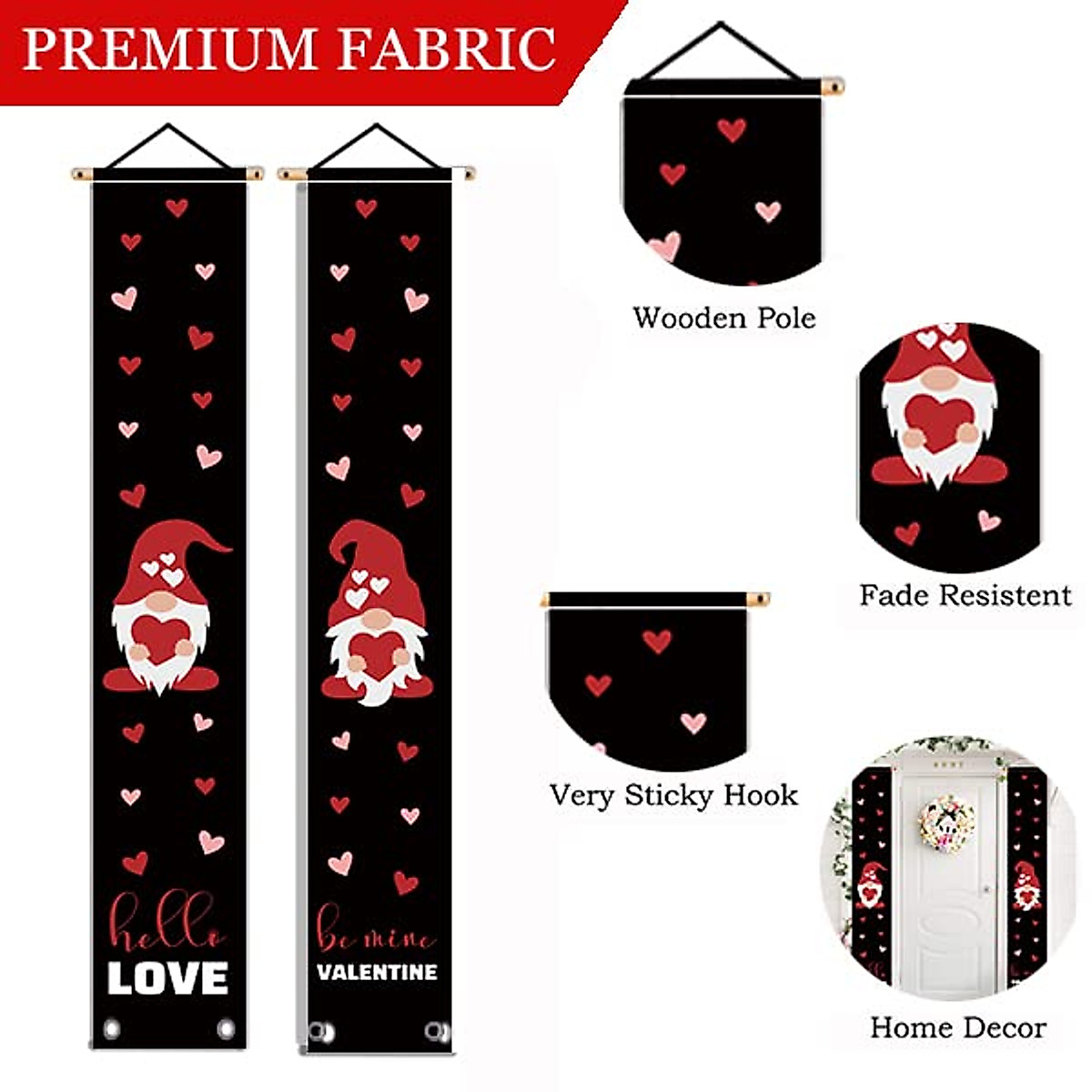 Valentines Day Banners-Valentines Day Door Banner 2 Pcs Hello Love Be Mine Valentine Gnome Heart Door Porch Signs Anniversary Wedding Party Indoor Outside Decor 71 x 12 Inch