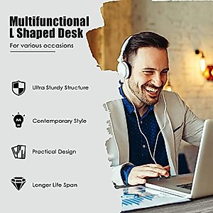 Tangkula 66" × 66" L-Shaped Desk, Corner Computer Desk with Drawers Keyboard Tray and Storage Cabinet, Home Office Desk, Sturdy and Space-Saving Computer Workstation