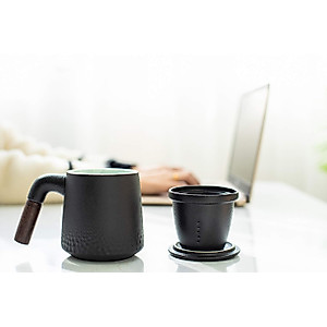 iHarbort Tea Cup with Sandalwood handle, 13 oz, Ceramic Tea Mug with Porcelain Infuser and Lid for Hot Tea or Coffee, Gift Set, 1-Pack (Matte Grey)