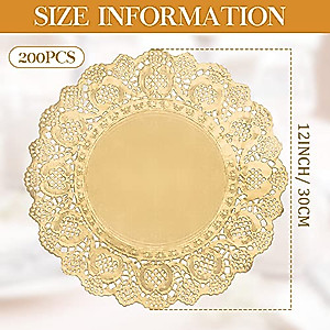 200 Pcs Gold Paper Doilies for Tables Set Lace Round Paper Placemats Decorative Disposable Placemats Doily Paper Pad for Dinner Plates Cake Dessert Crafts Wedding Tableware Party Decor (12 Inch)