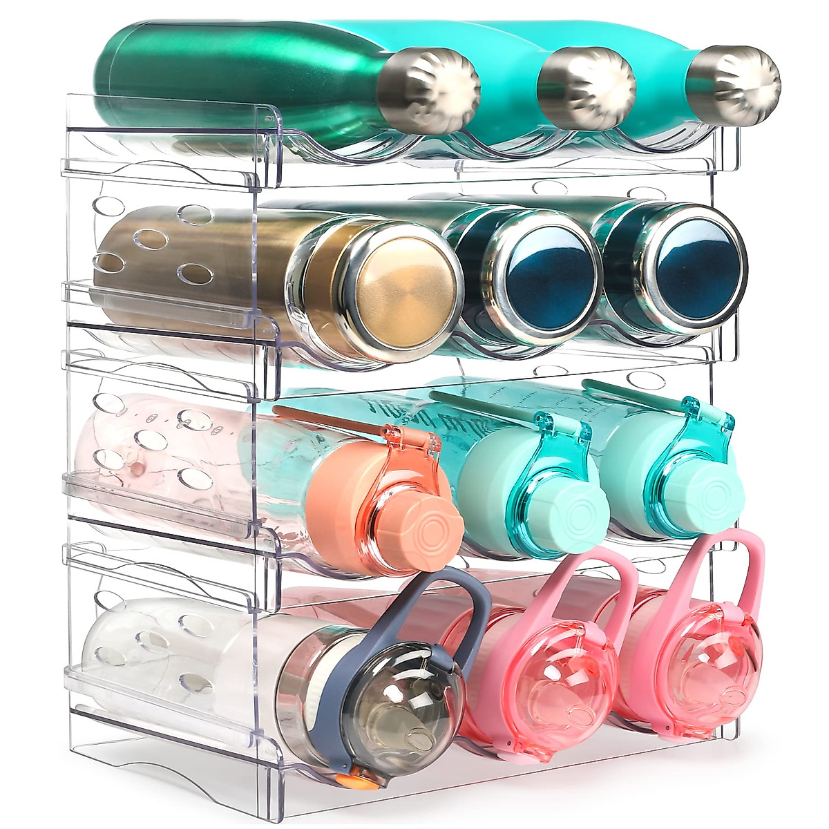 JUPELI Water Bottle Organizer, 4 Pack Stackable Cup Organizer for Cabinet, Plastic Tumbler Travel Mug Holder, Wine Drink Srack for Kitchen Countertop Freezer Pantry Organizers and Storage - Clear