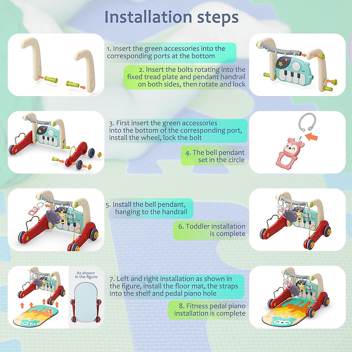 ATUTEN Baby Play Mat Baby Gym,Baby Learning Walker Kick and Play Piano Gym Activity Center mat with 5 Infant Learning Sensory Toys, Music and Lights-Infant Play mat for Infant Newborn Toddlers