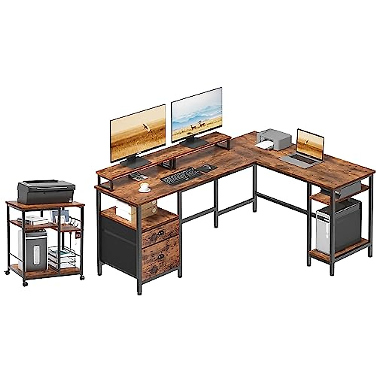 Furologee 66" L Shaped Computer Desk and Printer Stand, Corner Gaming Desk with File Drawer, Shelves and Dual Monitor Stand, Mobile 3 Tier Printer Table with Wheels and 2 Hooks, for Home Office