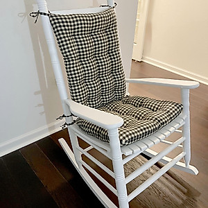 Barnett Home Decor Farmhouse Check Black Standard Rocking Chair Cushions - Latex Foam Fill Rocker Seat Pad & Backrest Cushion with Ties - Tufted, Reversible, Machine Washable, Checkered