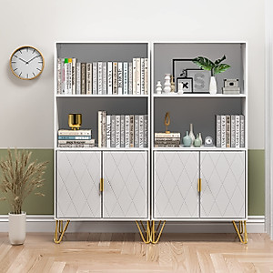 Anbuy White Bookshelf, 3 Tier Tall Bookcase with Doors, Storage Wood Shelves Modern Bookcases, Library Book Case for Living Room Bedroom Home Office Kitchen