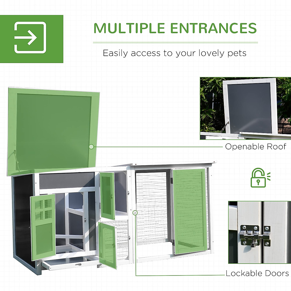 PawHut 63" Outdoor Chicken Coop Wooden, Chicken Cage with Run Area, Nesting Box, Hen House with Waterproof Roof, Removable Tray