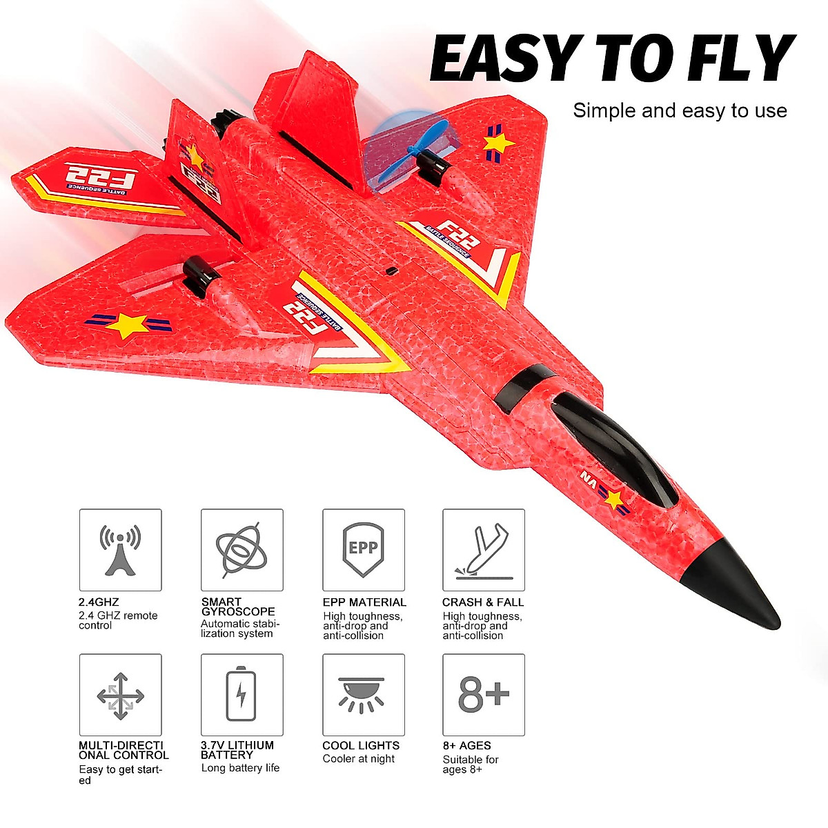 ANTSIR Remote Control Plane F-22 Raptor, 2.4Ghz Smart Gyroscope RC Airplane with Light Strip, Jet Fighter Toy Gift for Kids Beginner (Red)