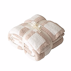 Ultra Soft Cozy Buffalo Checkerboard Grid Fluffy Microfiber Knitted Throw Blanket Lightweight Fleece Checkered Blanket for Sofa Couch Bed Travel Cream 51"X63"