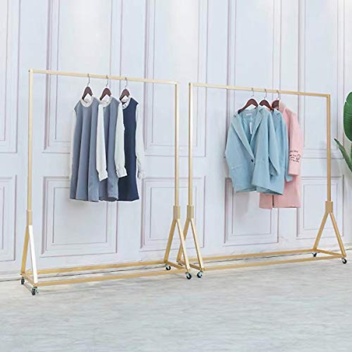 FURVOKIA Modern Simple Heavy Duty Metal Rolling Garment Rack with Wheel,Retail Display Clothing Rack, Single Rod Floor-Standing Hangers Clothes Shelves (Gold Square Tube A, 47.2 L)