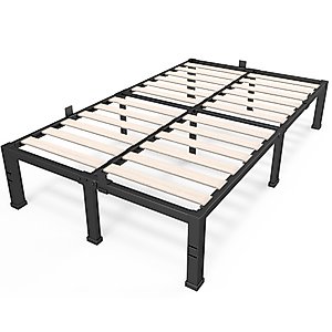 ROIL 14 inch Full Size Bed Frames with Wood Slats - 3500lbs Heavy Duty No Box Spring Needed Platform, Mattress Stoppers Double Metal Noise Free Bedframe with Headboard Hole
