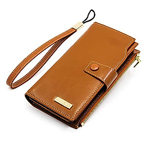 ANDOILT Women's RFID Blocking Large Capacity Luxury Wax Genuine Leather Clutch Wallet Card Holder Organizer Ladies Purse Cell Phone Handbag Brown