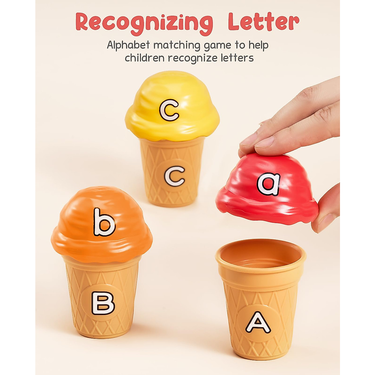 JoyCat Ice Cream Preschool Learning Activities Counting and Color Sorting Set Stacking Toys for Kids 3-5, Alphabet Learning Toys, ABC Learning Toys in Upper & Lowercase, Montessori Fine Motor Skill