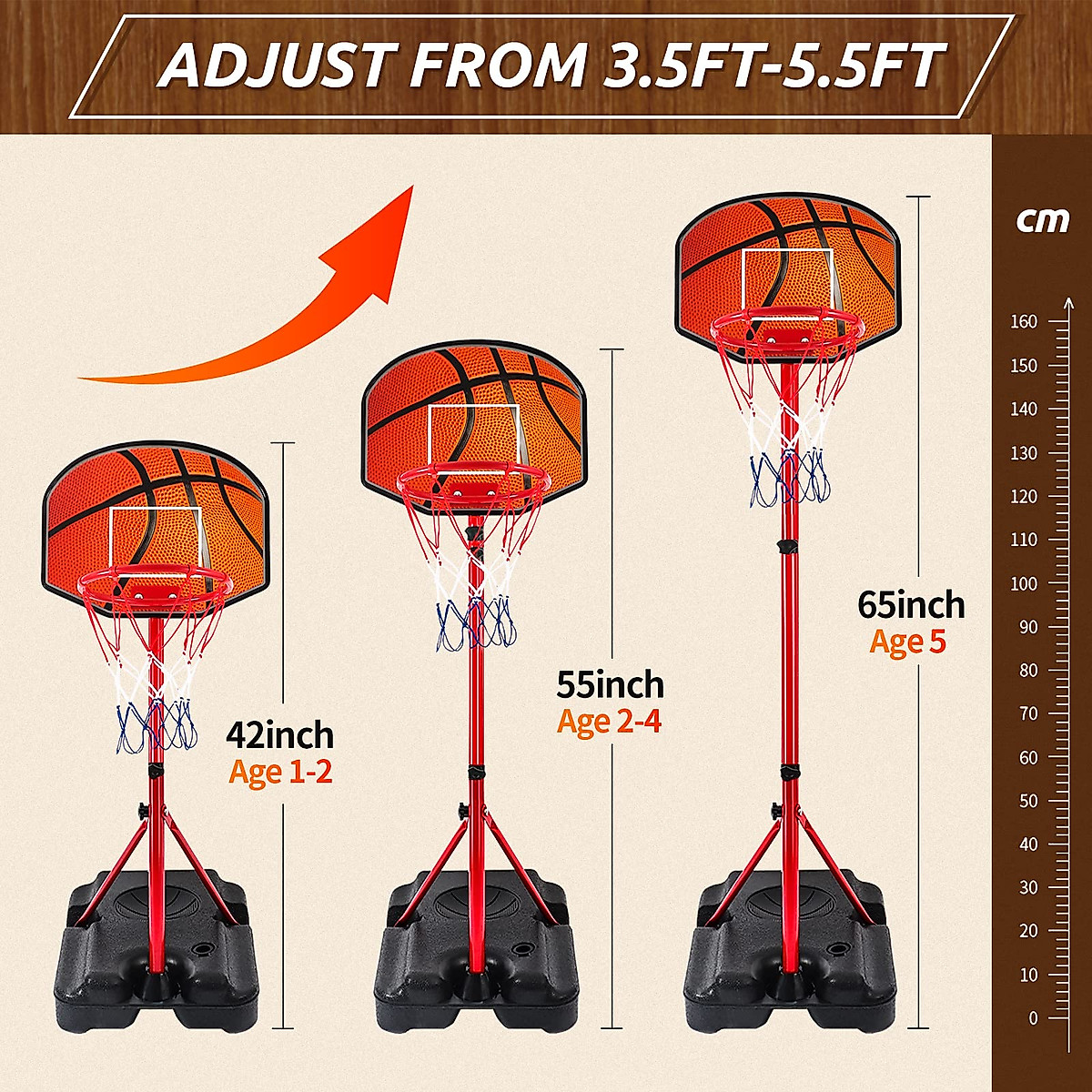 Kids Basketball Hoop for 1 2 3 4 5 6 Year Old Stand Adjustable Height 3.5ft-5.5ft Toddler Indoor Mini Basketball Hoops Goal Ball Games Toys for Girl Boy Age 1-3 2-4 3-5