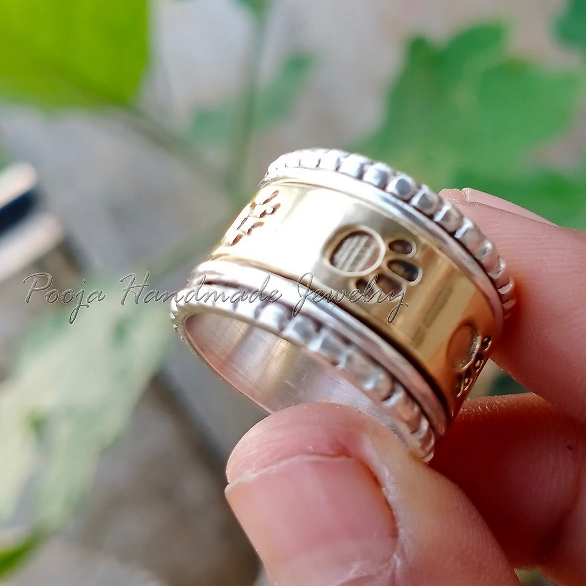 Paw Print Spinner Ring, Solid 925 Sterling Silver Ring, Brass Footprint Ring, Meditation Ring, Handmade Ring and Paw Symbol Spinner Ring for Women, Anxiety Ring, Mediation Ring and Fidget Spinner Ring