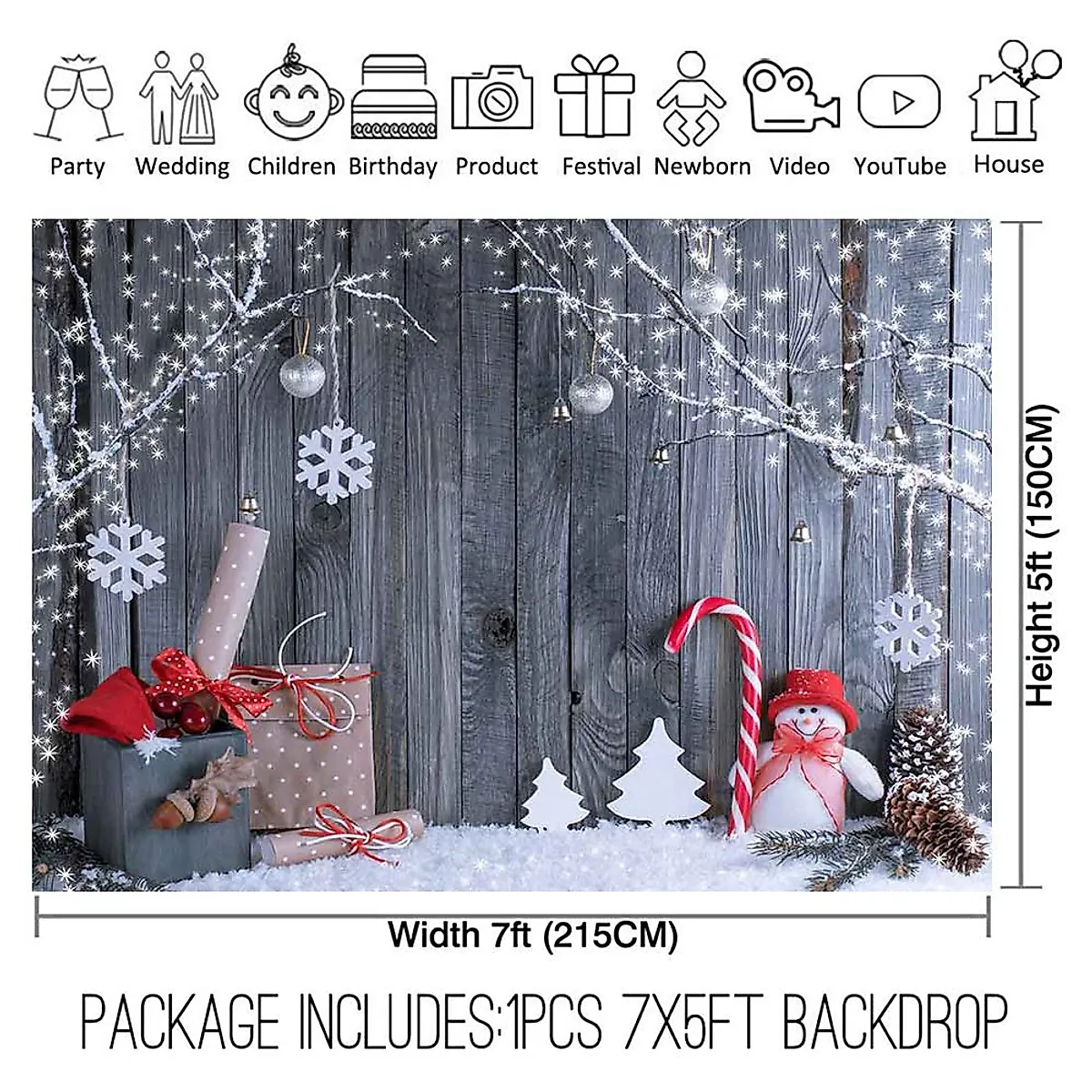 7x5ft Fabric Christmas Photography Backdrop Winter Snowman Santa Gift Wood Background Xmas Eve Holiday Party Supplies Cake Table Banner Home Decoration Portraits Photo Booth Studio Prop