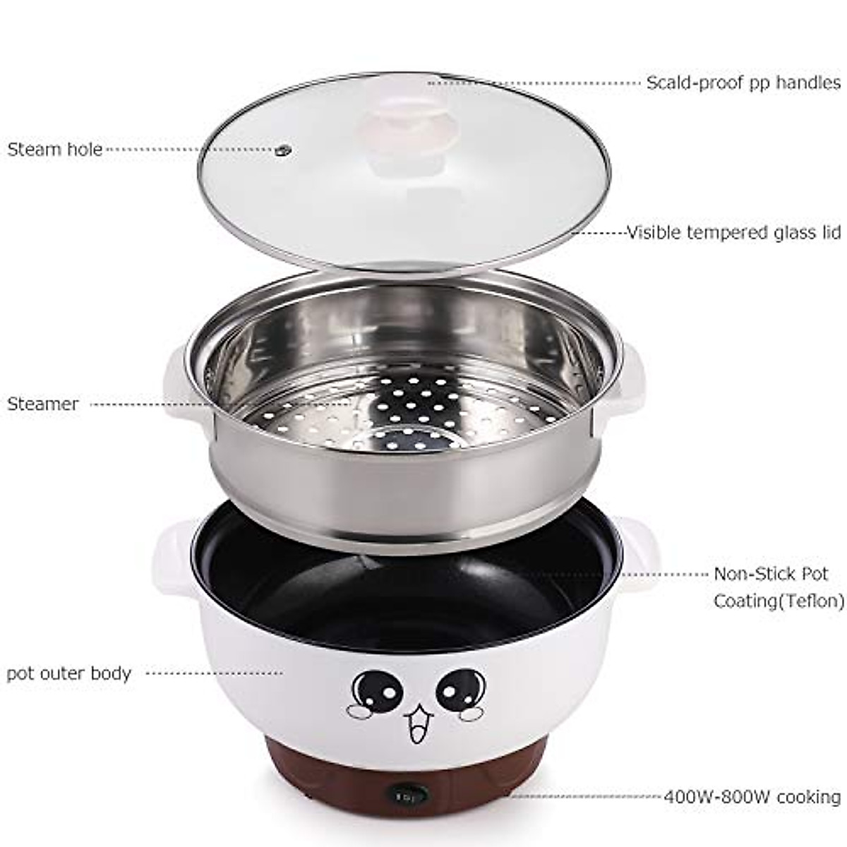 MINGPINHUIUS 4-in-1 Multifunction Electric Cooker Skillet Wok Electric Hot Pot For Cook Rice Fried Noodles Stew Soup Steamed Fish Boiled Egg Small Non-stick with Lid (3.2L, with Steamer)