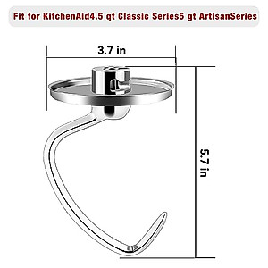 4.5-5QT Stainless Steel Dough Hook for KitchenAid Stand Mixer, Kitchen Aid Attachment Accessories/No coating/Dishwasher Safe Replacement for Kitchenaid Classic, Classic Plus and Artisan Serie Mixer