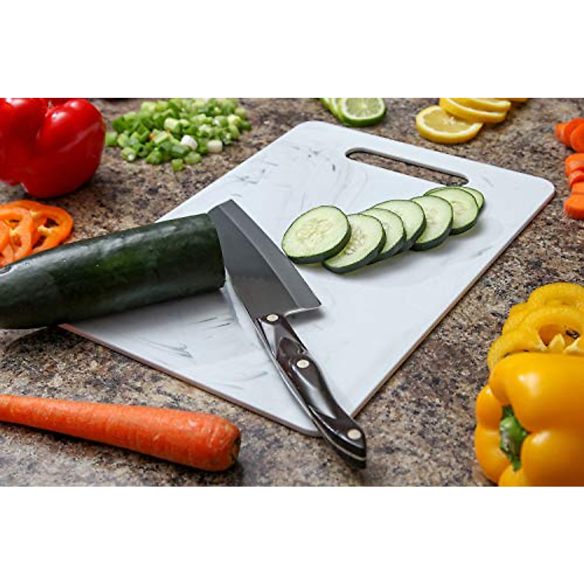 Lily's Home Kitchen Cutting Board (2-Piece Set) with Handles and in Marble Finish | BPA-Free Plastic, Non-Porous, Dishwasher Safe
