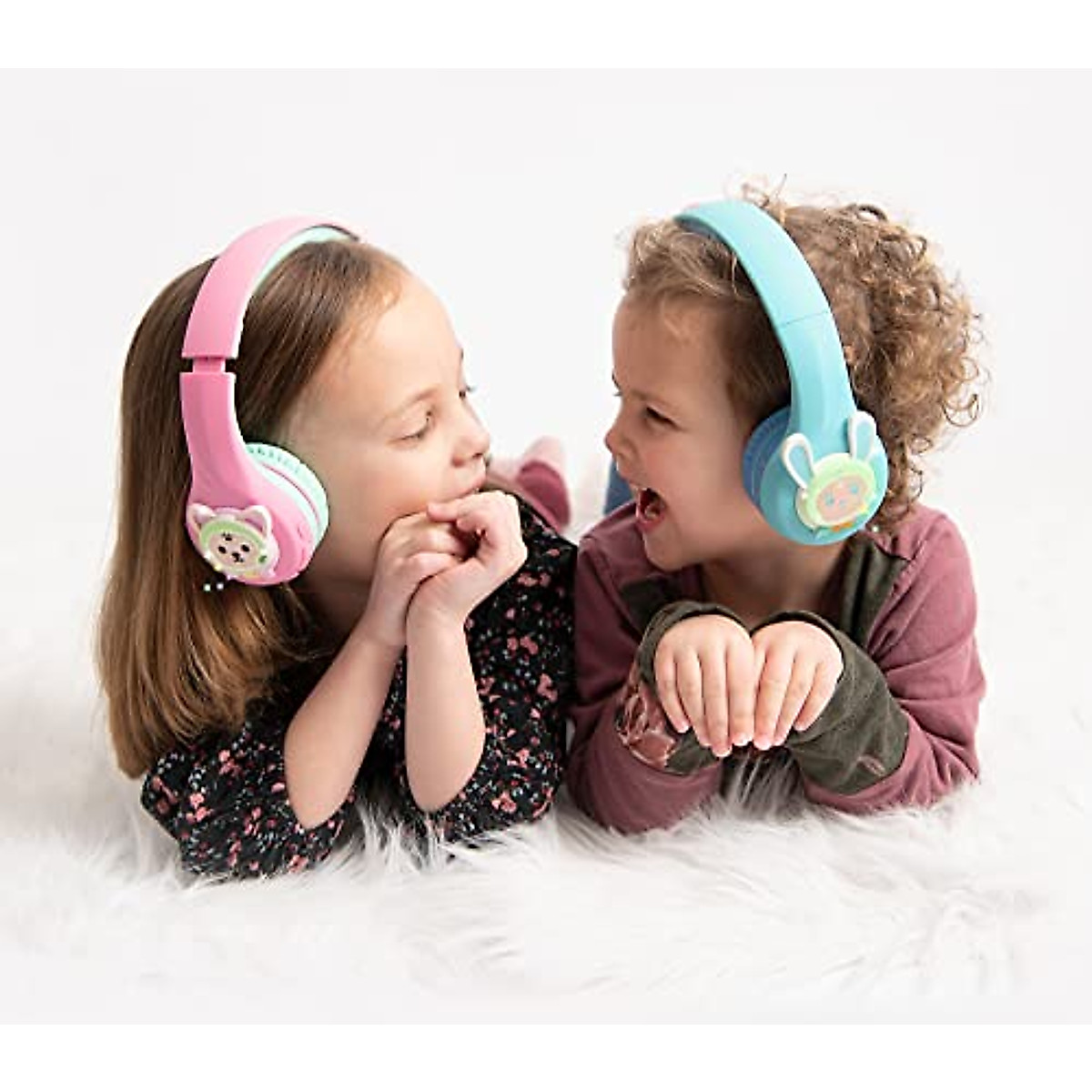 Riwbox RB-7S Rabbit Kids Headphones Wireless, LED Light Up Bluetooth Over Ear Headset Volume Limited Safe 75dB/85dB/95dB with Mic and TF-Card, Children Headphones for Girls Boys (Blue&Green)