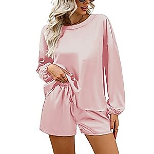 Ekouaer Womens Silk Satin Pajamas Set Long Sleeve Top Summer Soft Two Piece Pjs Silky Sleepwear Light Pink Small