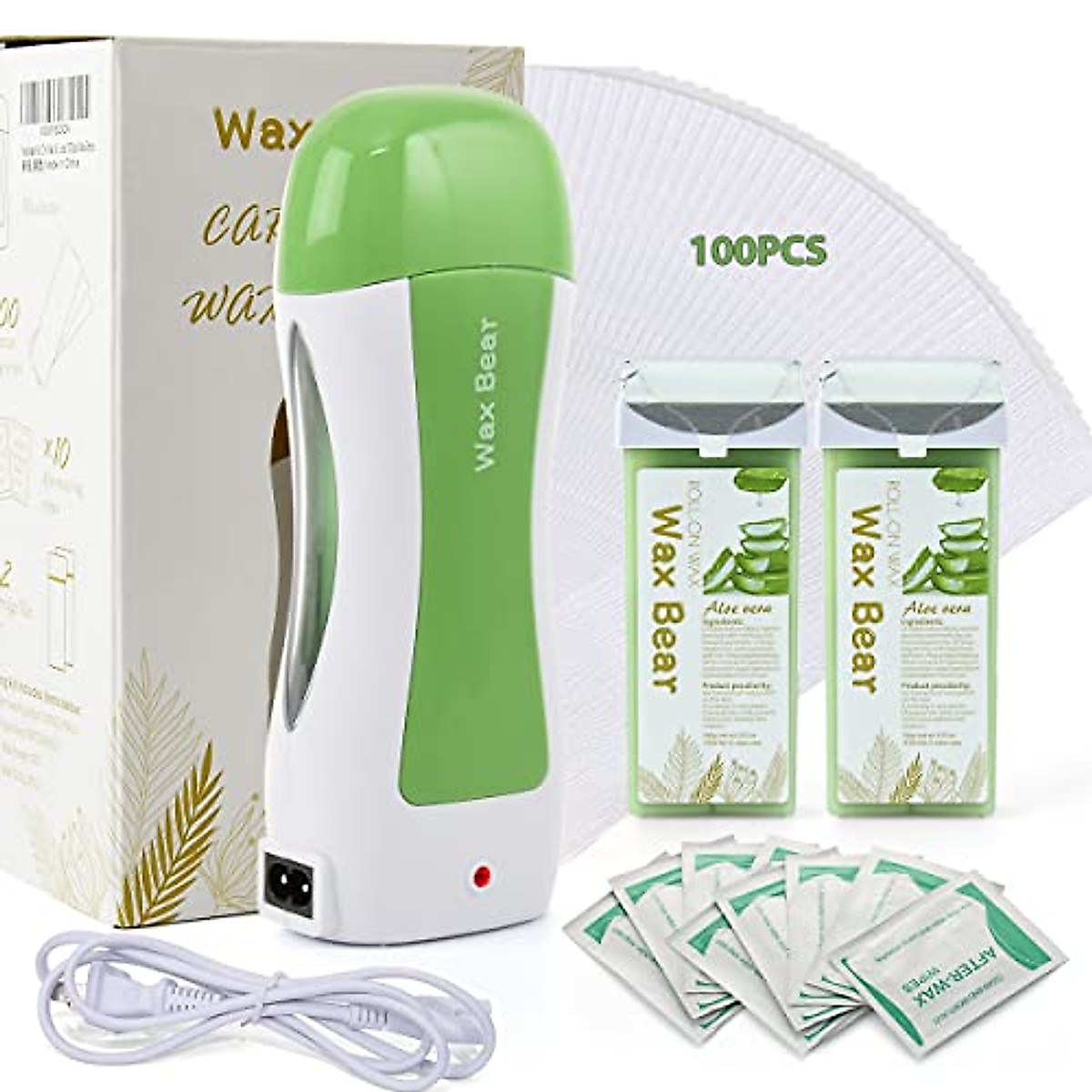 Wax Bear Roll On Wax Warmer Kit,Depilatory Wax Roller Kit for Hair Removal, Soft Wax Heater with 2 Cartridge Refill,10 Wipes and 100 pcs Wax Strips