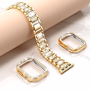 Mosonio Compatible with Apple Watch Band 40mm with Case Women, Jewelry Replacement Metal Wristband Strap with 2 Pack Bling PC Protective Cover for iWatch Series 6/5/4(Rose Gold)