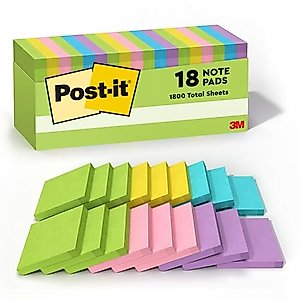 Post-it Notes, 3x3 in, 18 Pads, America's #1 Favorite Sticky Notes, Jaipur Collection, Bold Colors (Green, Yellow, Orange, Purple, Blue), Clean Removal, Recyclable (654-18BRCP)