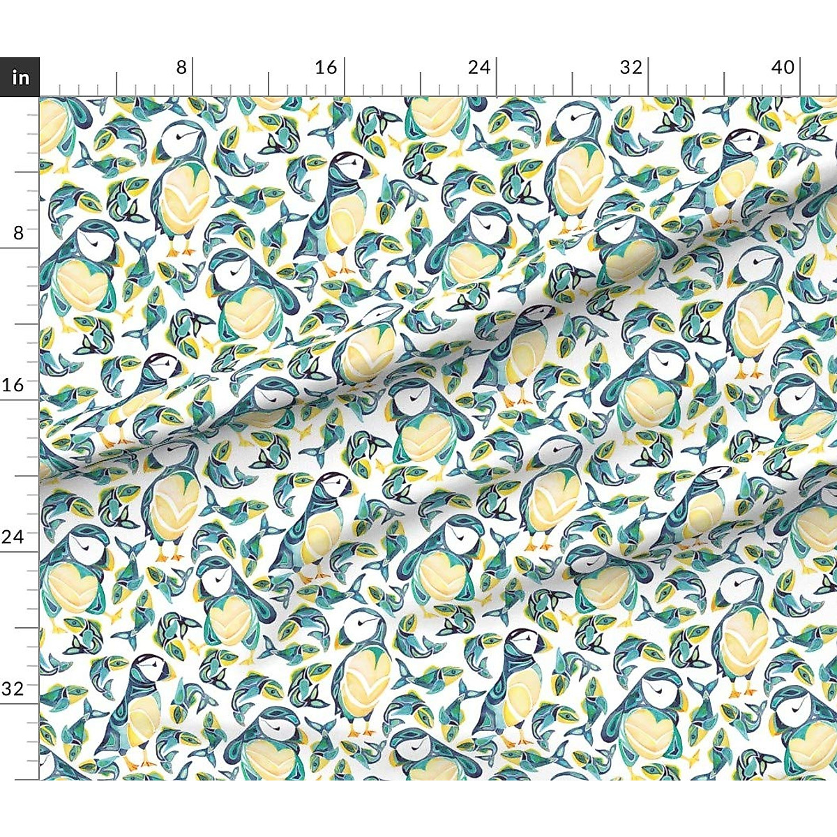 Spoonflower Fabric - Puffin Party Geometric Fish Boy Wildlife Puffins Art Tattoo Printed on Petal Signature Cotton Fabric Fat Quarter - Sewing Quilting Apparel Crafts Decor