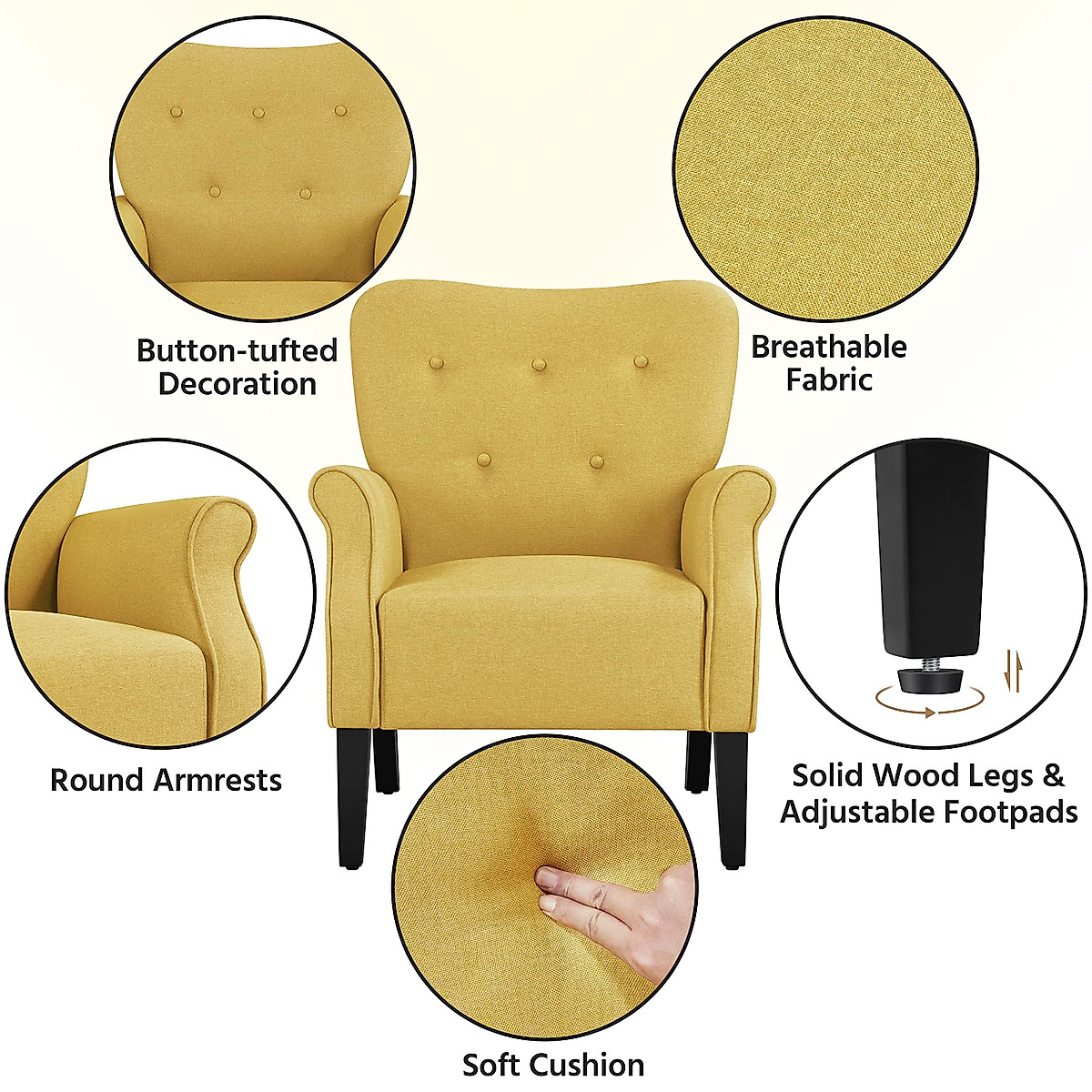 Yaheetech Modern Armchair, Mid Century Accent chair with Sturdy Wood Legs and High Back for Small Space, Upholstered Fabric Sofa Club Chair for Living Room/Bedroom/Office, Set of 2, Yellow