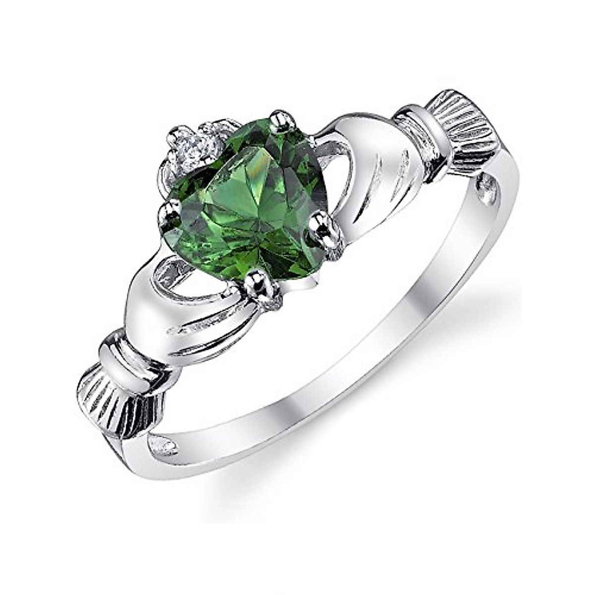 Sterling Silver 925 Irish Claddagh Friendship & Love Ring with Simulated Emerald Green Color Heart Cubic Zirconia 6