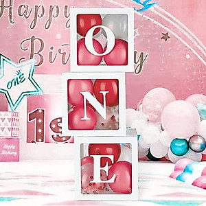 First Birthday Balloons Boxes for Boy or Girl 'ONE' Letters Individual Three White Transparent Square Boxes Baby 1st Birthday Party Decorations Backdrop Photo Shoot Prop