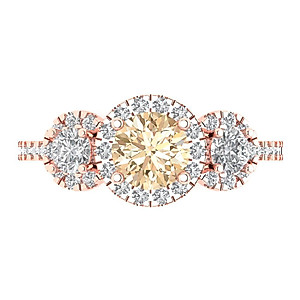 Clara Pucci 1.75ct Round Cut Halo Solitaire 3 stone Natural Brown Morganite Engagement Promise Anniversary Bridal Ring 18K Rose Gold 6.75