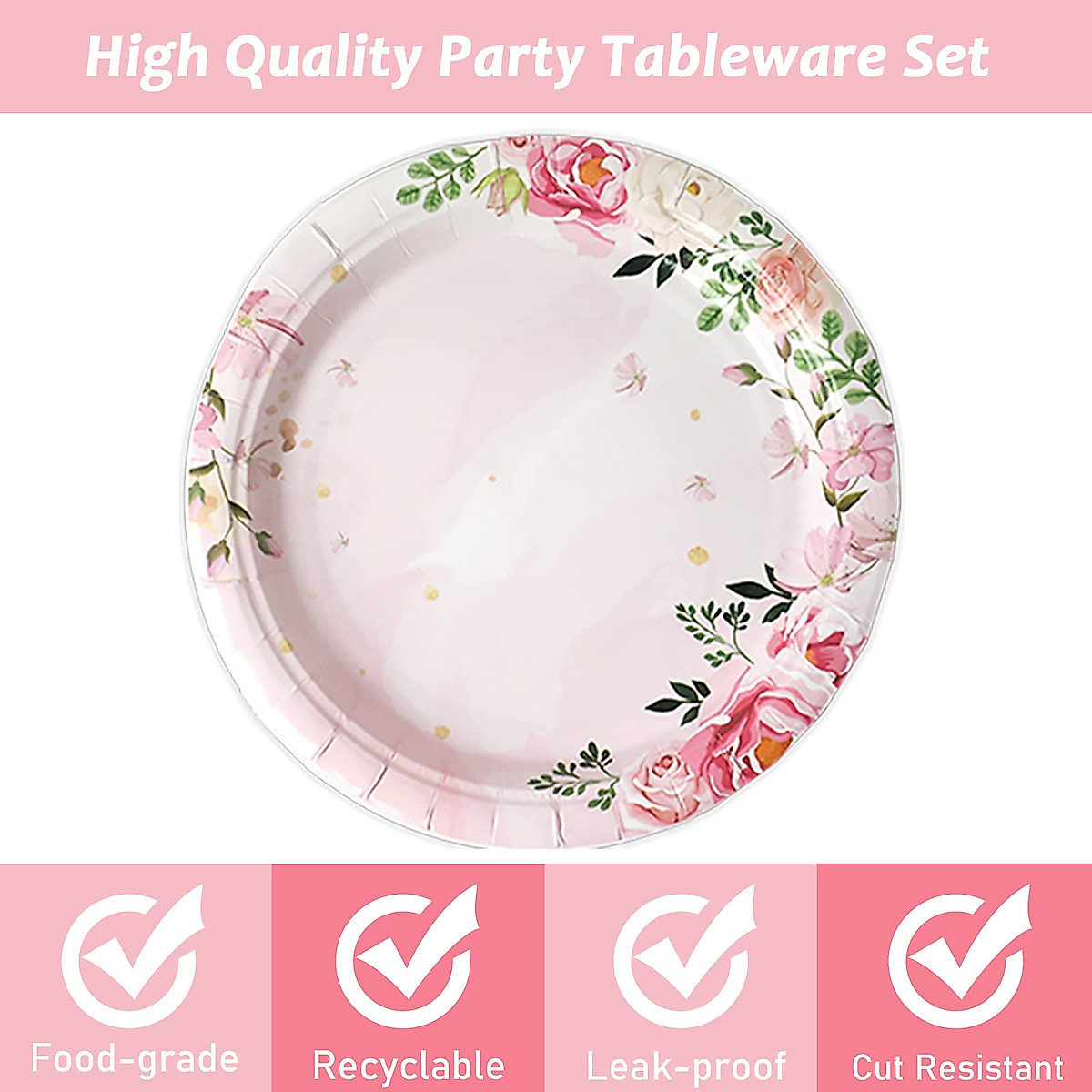 gisgfim 48 Pcs Floral Paper Plates 7" Pink Girls’ Birthday Party Disposable Dessert Plates Supplies Decorations Tea Party Plates Tableware for Wedding Baby Shower